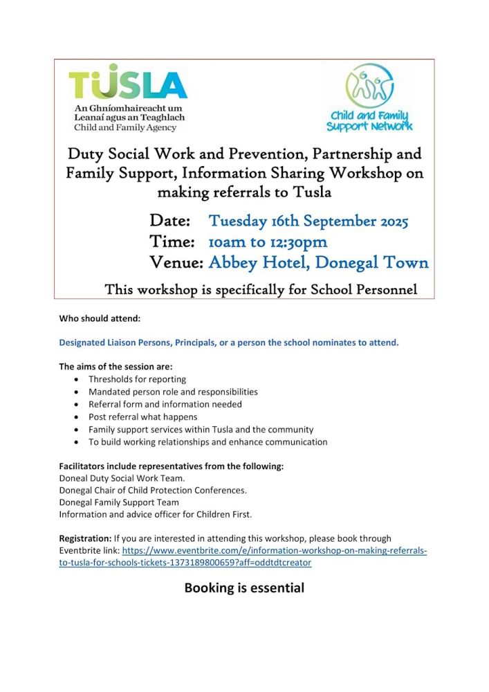 Information Workshop on Making Referrals to Tusla for Schools-Face to Face